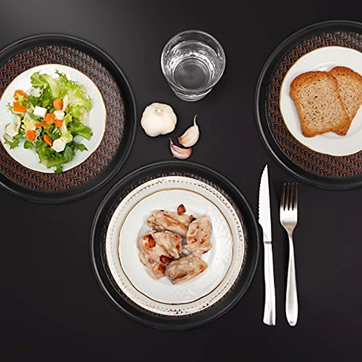 ZENFUN 3 Pack 12 Inch Plastic Serving Trays, Non-Slip Round Stackable Fast Food Trays, Reusable Serving Platters Set for Kitchen, Cafes, Restaurants, Easy to Clean, Brown