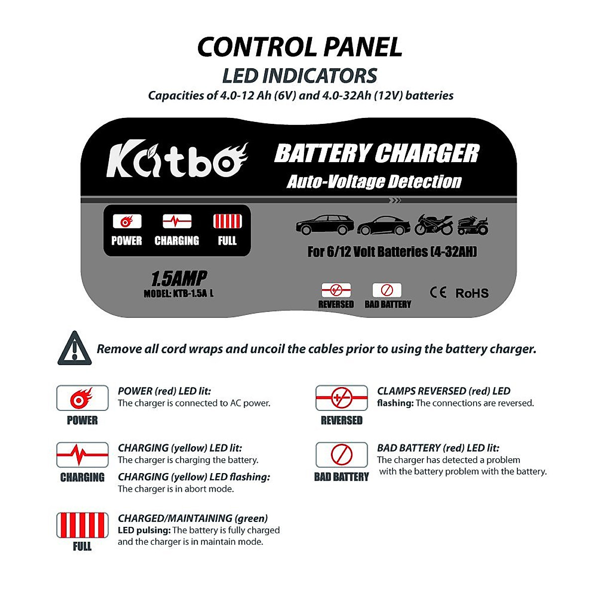 Katbo Battery Charger Automatic Maintainer 6V 12V Automatic Smart for Auto Car Motorcycle Lawn Mower ATVs RVs AGM Gel Lead Acid Batteries