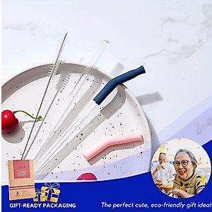 ColoVie Reusable Glass Drinking Straws 6 Straight + Silicone Tips with Curved Bend 6 Pack(BPA Free, Food grade, Non-Rubber) + Cleaning Brush 2 Pack, Clear, Safe, Durable, Stirring, for Tumbler