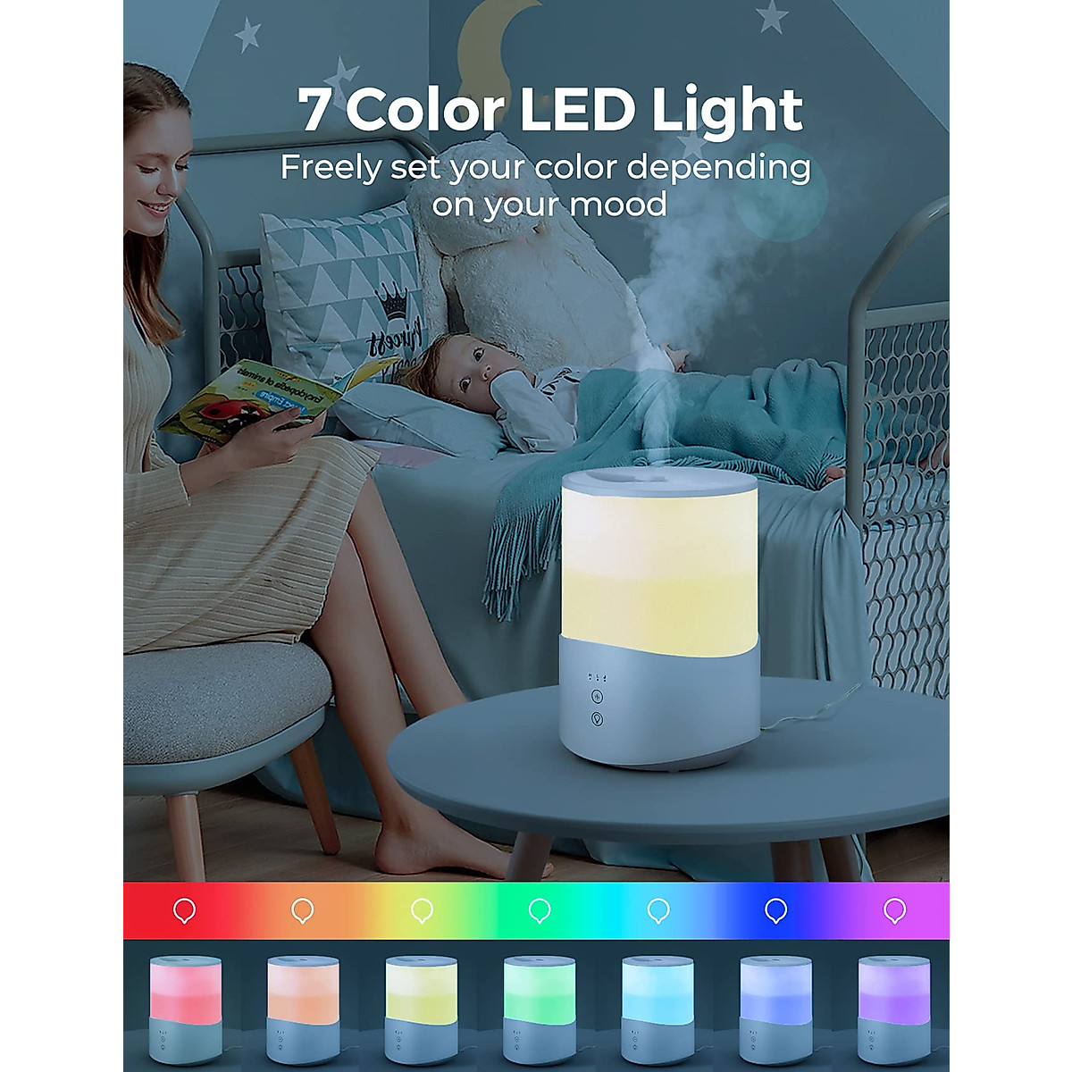 Cool Mist Humidifier, 2-in-1 Essential Oil Diffuser for Baby Kids Nursery, 2.5L Top Fill Humidifier with 7-Color Night Lights for Bedroom Office, Humidifier with Adjustable Mist Mode, Auto Shut Off