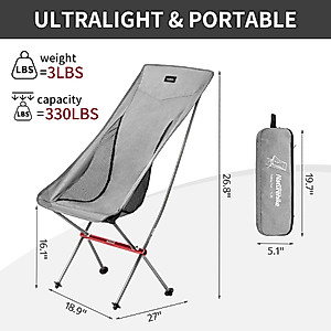 Naturehike Folding Camping Chair, Lightweight High Back Portable Compact Chair, Large Heavy Duty 330lbs for Adults, Hiking Camp Backpacking Festival Travel Beach Picnic Fishing with Storage Bag, Grey