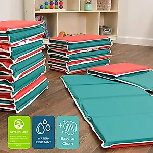 Children's Factory Toddler Nap Mats, Hand-Washable Soft Nap Mat with Pillow for Preschool and Daycare, Red and Green, Set of 10