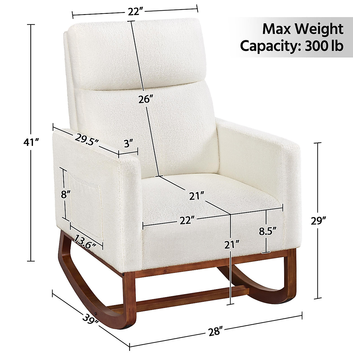 Yaheetech Boucle Living Room Chair, Modern Upholstered Rocking Accent Chair, Glider Chair Nursery Chair with Side Pocket and High Back Armchair for Living Room Bedroom Lounge, Ivory