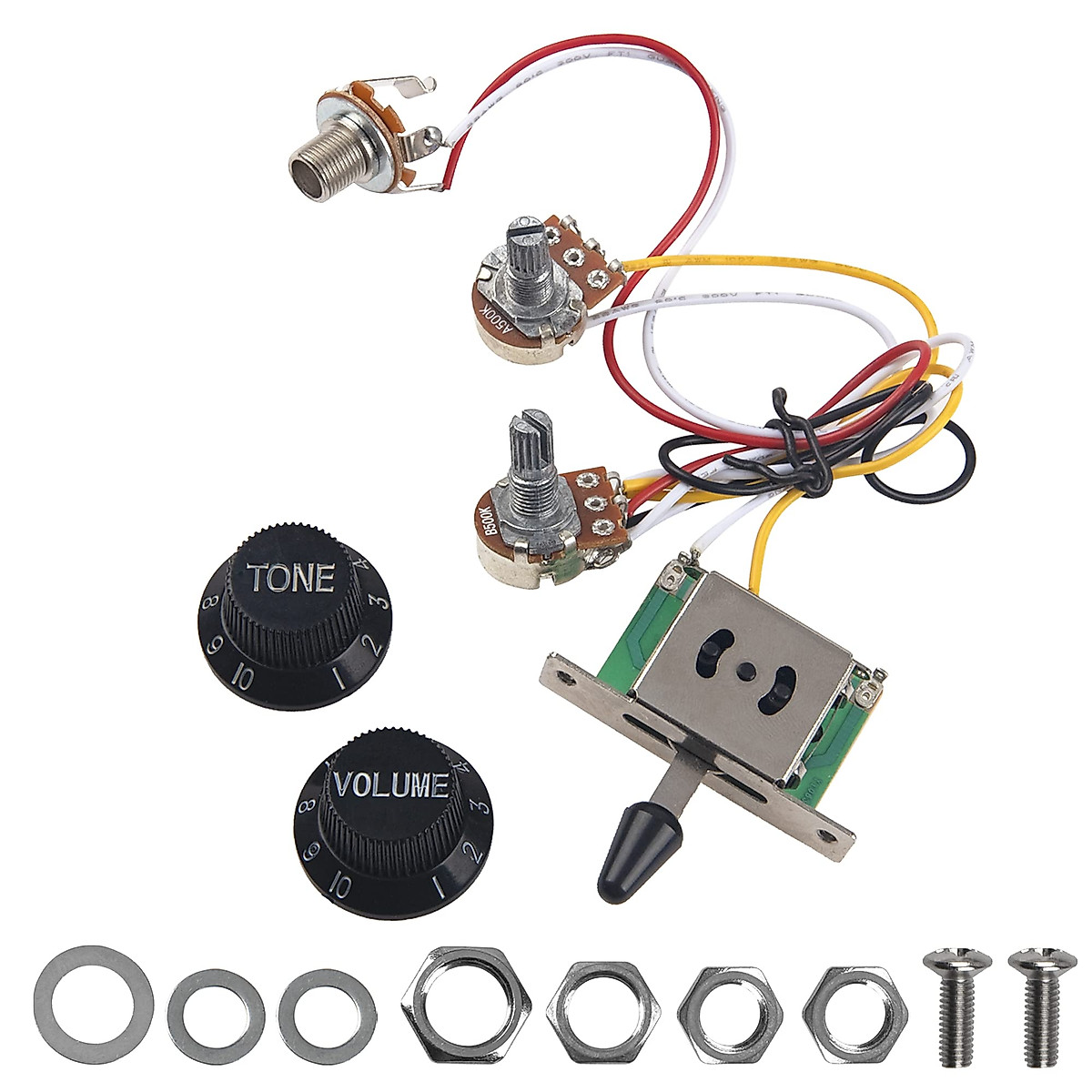 1Set Yootones Guitar Wiring Harness Set,Prewired 500K Pots 3 Way Switch Wiring Harness Kit with 6.35 Output/Black Knobs Compatible with Electric Guitar