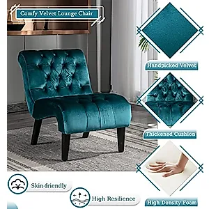 SmartDer Comfy Velvet Accent Chair, Upholstered Armless Side Chair for Living Room, Modern Lounge Chair with Tufted Back and Rolled Edge Design, Comfy Reading Chair with Solid Rubber Wooden Legs,Teal
