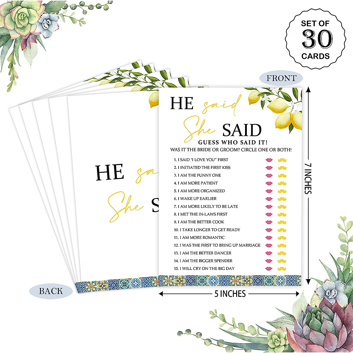 Blue Tiles and Lemons He Said She Said Game for 30 Guests with Game Cards, Lemons Bridal Shower Game, Modern Bridal Shower Decorations, Wedding Shower or Bachelorette Party Supplies - 02