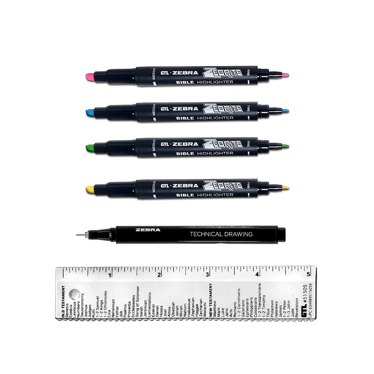 G.T. Luscombe Company, Inc. Zebrite Bible Marking Kit | No Bleed Pigmented Ink | No Fading or Smearing | Double Ended Highlighters, MilliPen & Books of the Bible Ruler/Bookmark (Set of 5 + Ruler)