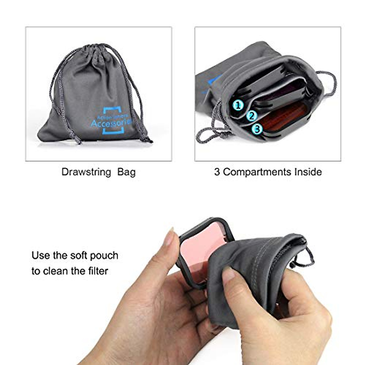 Underwater Camera Dive Filters for GoPro Hero 5, 6 and 7 Black Super Suit Waterproof Housing Case in Red, Light Red, and Magenta, Professional Color Correcting Photography Accessory