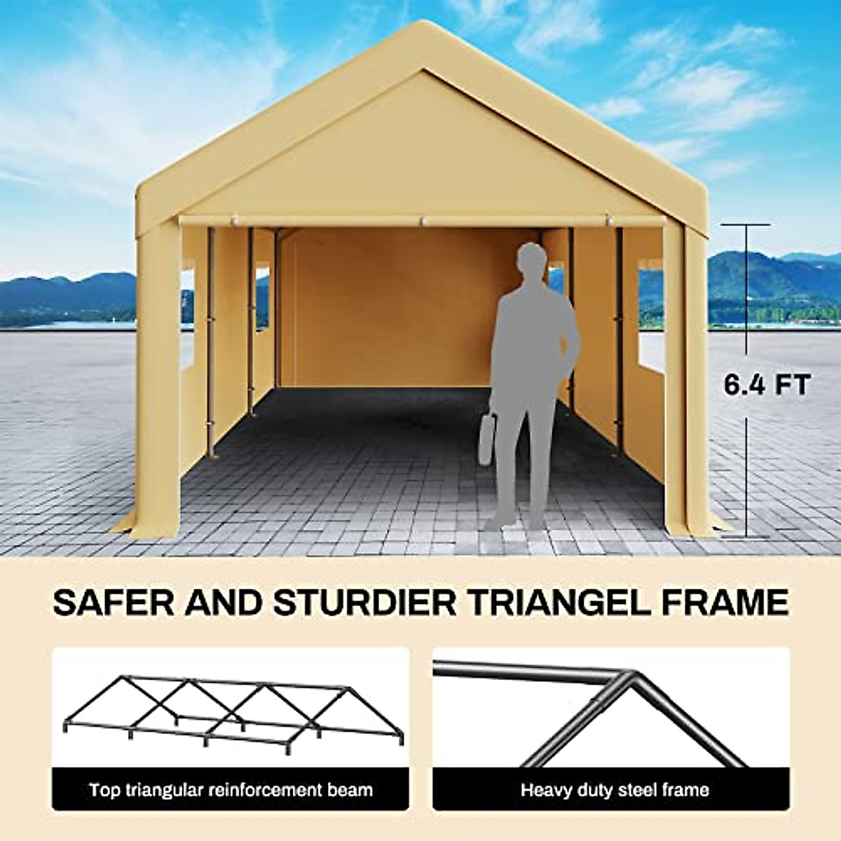 Cityflee Carport, 10'x 20' Heavy Duty Carport Canopy with Roll-up Ventilated Windows, Portable Garage with Removable Sidewalls & Doors for Car Truck Boat, Waterproof Car Shelter, Khaki