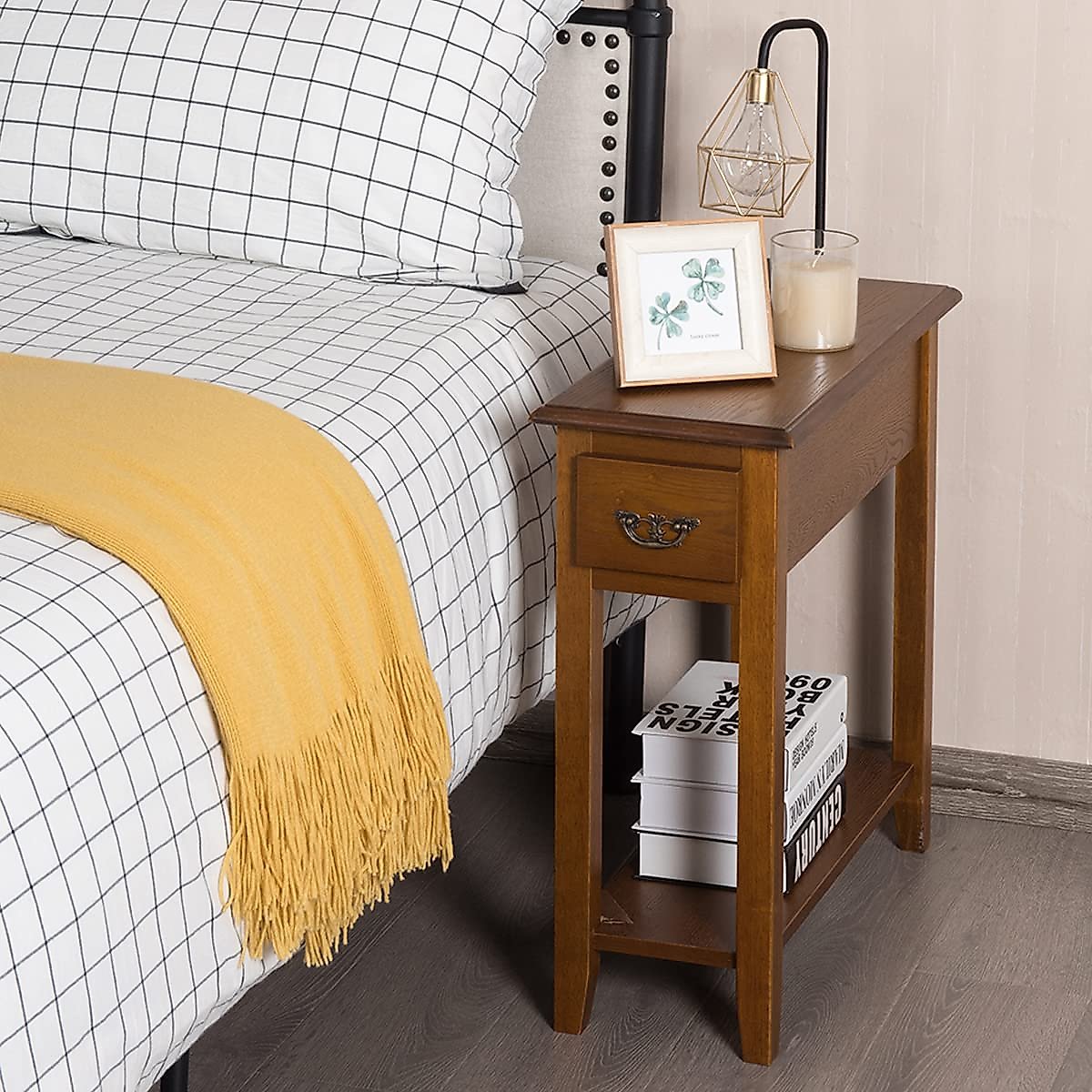Tangkula Narrow End Table, Slim Side Table with Drawer and Open Shelf, Small End Tables for Small Spaces, Narrow Nightstand Bedside Table for Living Room Bedroom, 9.8 x 23.6 x 23.6 inches (1, Walnut)