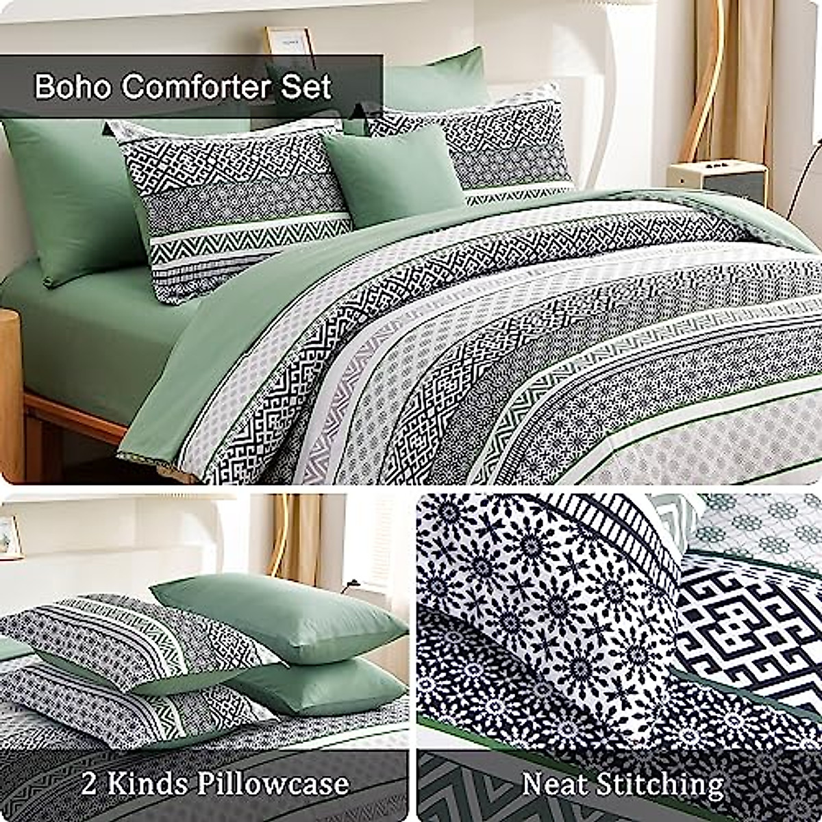 Luxudecor Boho Comforter Set Queen Size 7 Piece, Green Bohemian Bed in a Bag, Striped Comforter and Sheet Set, Soft Microfiber Bedding Set for All Season(Green, 90"x90")