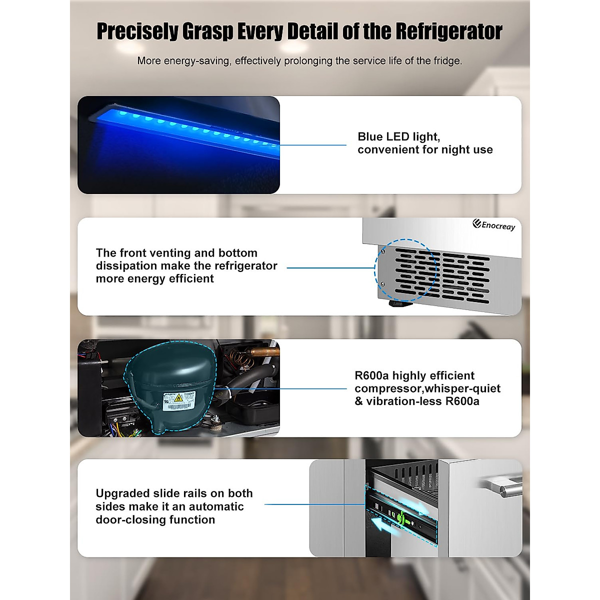 Enocreay Outdoor Drawer Refrigerator, Built-In Under Counter Drawer Fridge Beverage Cooler with Stainless Steel Door, 185 Cans Capacity with Drink Dispenser for Island Kitchen Home Bar