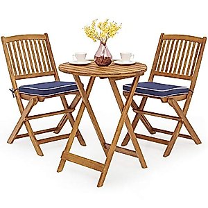 Tangkula 3 PCS Patio Folding Bistro Set, Outdoor Acacia Wood Chair and Table Set w/Padded Cushion& Round Coffee Table, Ideal for Indoor Patio Poolside Garden (Navy Blue)