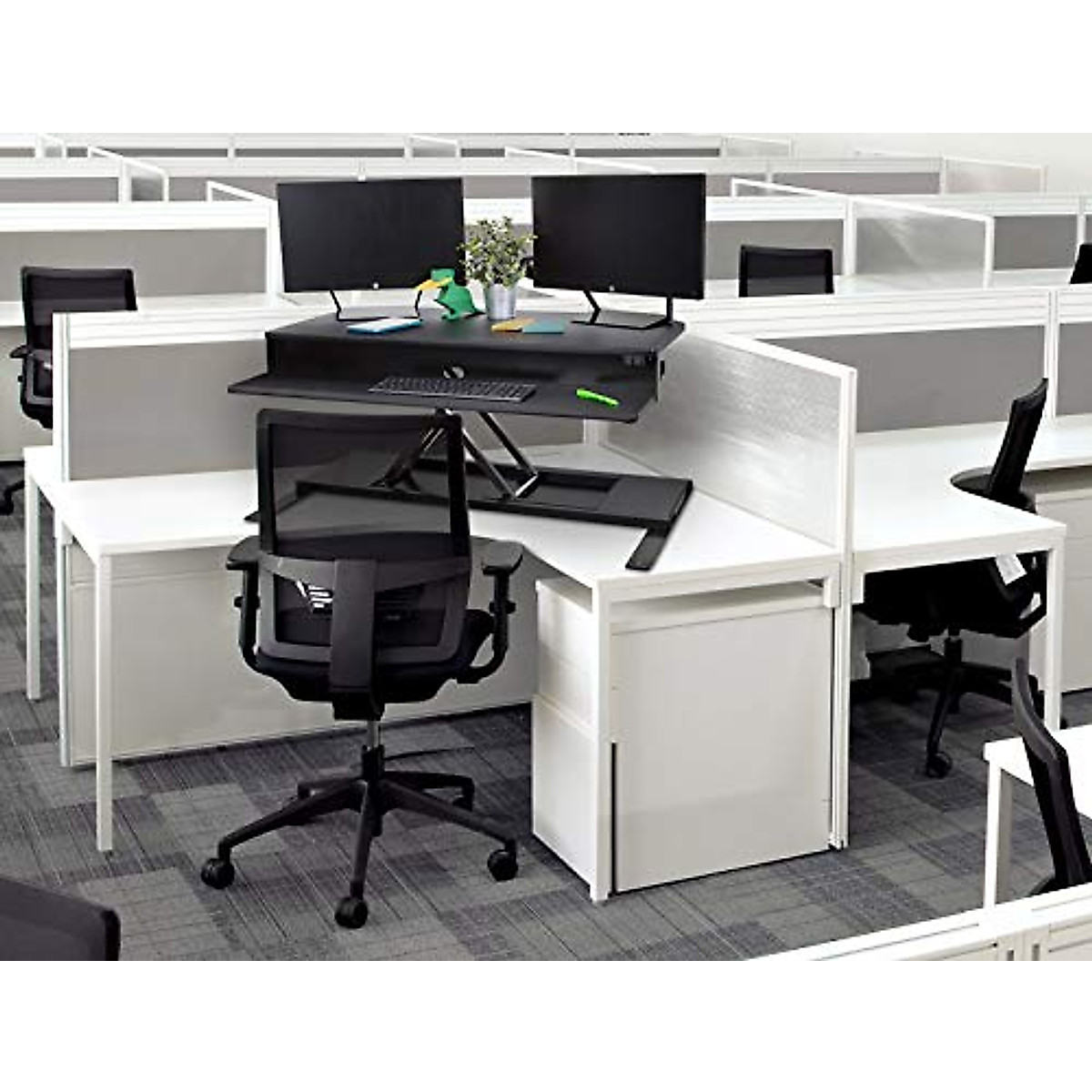 Flexpro Power 40 Inch Electric Corner Desk Converter for Cubicles and L-Shaped Desks with Quiet Height Adjustments, Large Dual Level Sit to Stand Computer Workspace (Black, 44in x 32in)