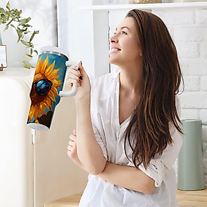 Jihqo Funny Sunflower in Sunglasses 40 oz Stainless Steel Vacuum Insulated Tumbler with Handle and Straw Lid, Leakproof Water Bottle Double Wall Travel Mug Coffee Cup, Cupholder Friendly