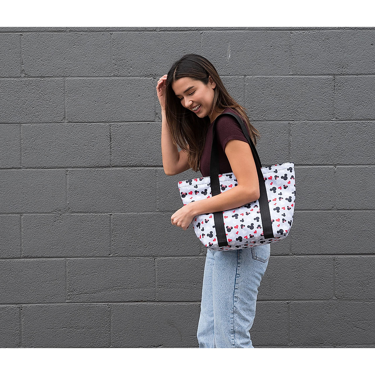 Disney Tote Mickey & Minnie Mouse Icon Print Zipper Travel Bag (Grey)