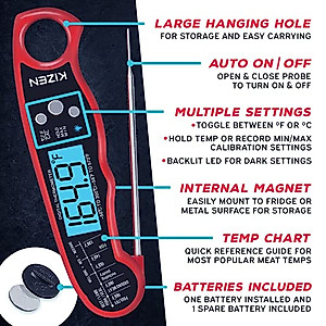 KIZEN Digital Meat Thermometer with Probe - Instant Read Food Thermometer for Cooking, Grilling, BBQ, Baking, Liquids, Candy, Deep Frying, and More - Red/Black