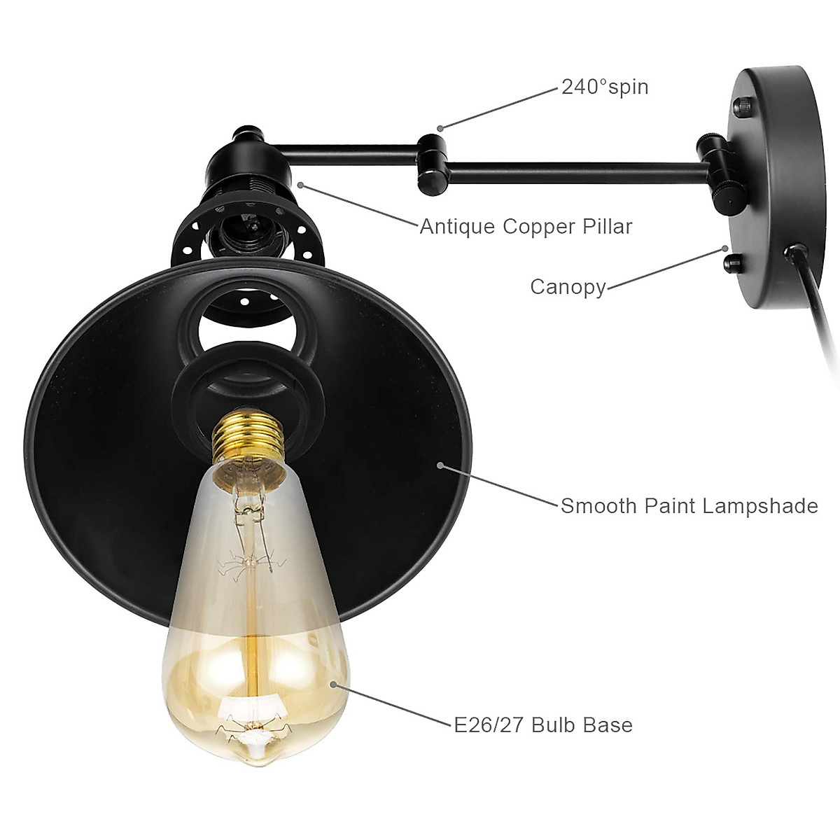IC INSTANT COACH, Swing Arm Wall Light Fixtures Wall Light Plug-in Cord with On Off Switch on Cord Industrial Wall Sconce Black Finish (2 Lights)
