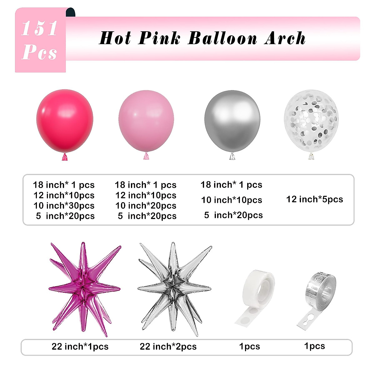 Deiiom Hot Pink Silver Balloons Arch Garland Kit-Macaron Pink Balloon Hot Pink Explosion Star Foil Balloon 151Pcs for Princess Birthday,Graduation,Bachelorette,Baby Shower,Christmas Party Decorations.