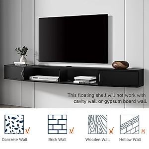 FITUEYES Floating TV Stand Wall Mounted Shelf with Colorful LED Lights, Wood Media Console Entertainment Center Under TV, Cabinet Hutch Desk Storage for Home and Office,Black