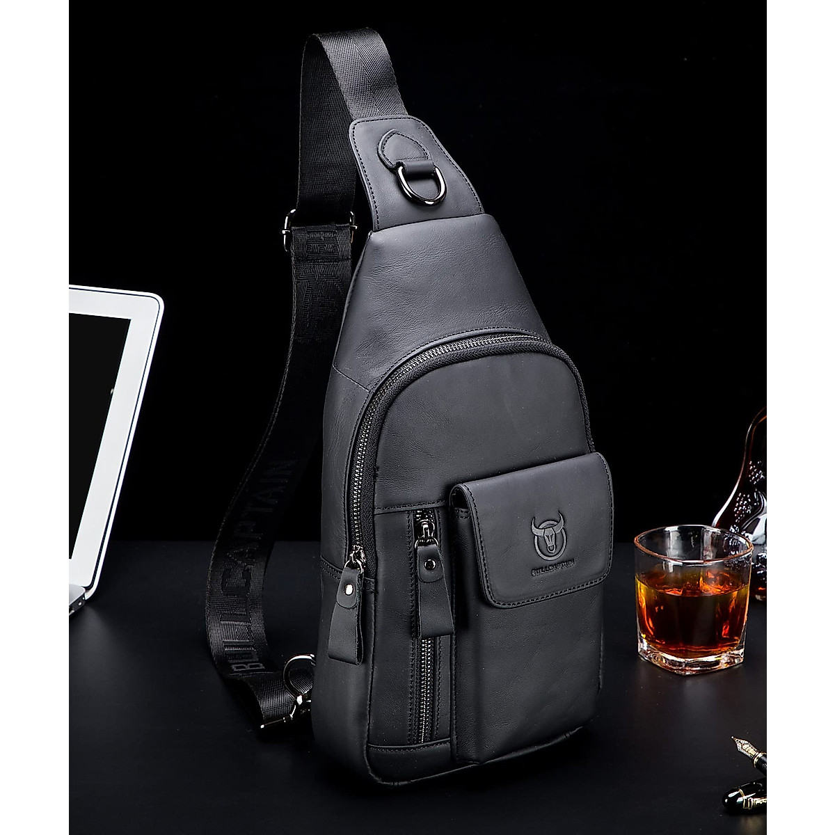 BULLCAPTAIN Genuine Leather Sling Bag for Men Multi-pocket Casual Travel Crossbody Chest Bag Hiking Backpacks (Black)