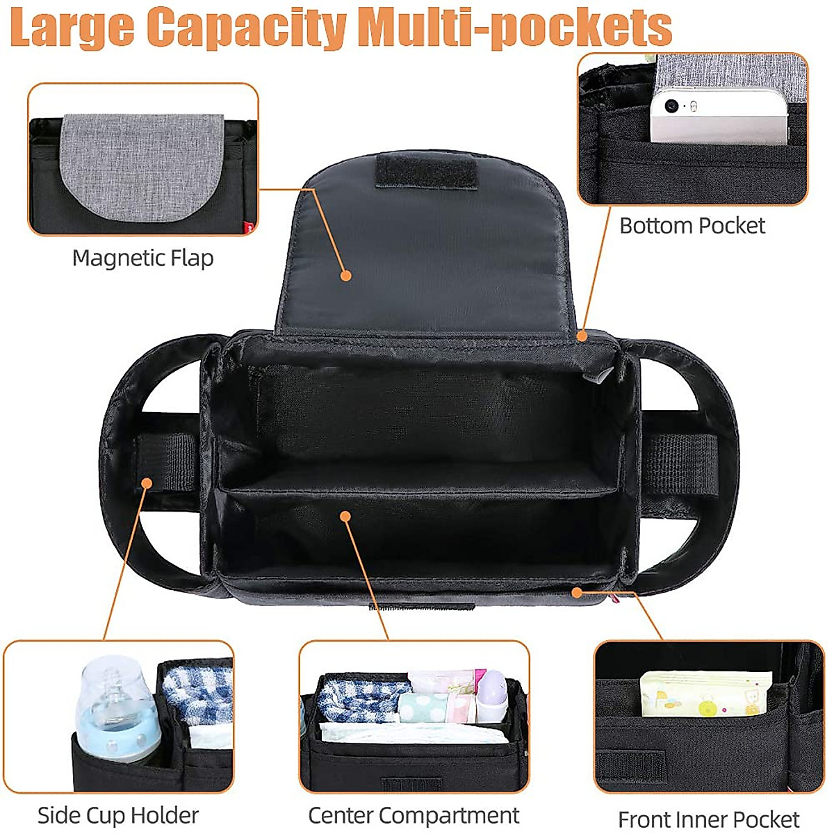 KJHG Stroller Organizer Bag,Multifunctional Stroller Bags with Insulated Cup Holder Baby Stroller Accessories Storage Bag for Bottle,Diaper,Phone,Keys,Toys,Baby Items (Black)