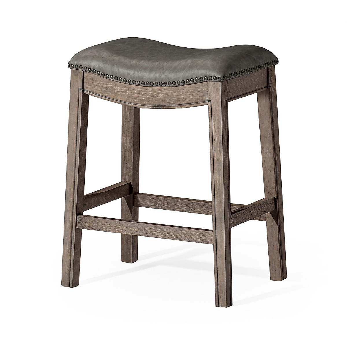 Maven Lane Adrien 26 Inch Counter Height Backless Saddle Barstool in Reclaimed Oak Finish with Ronan Stone Vegan Leather Cushion Seat