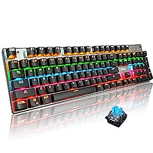 FELICON Gaming Keyboard, 104 Keys Ultra-Slim Rainbow Backlit Wired Keyboard with Blue Switches,Durable ABS Keycaps/Anti-Ghosting/Spill-Resistant Mechanical Keyboard for PC Mac Xbox Gamer