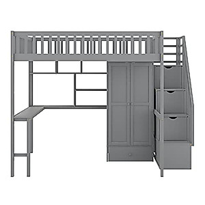 DEINPPA Full Size Loft Bed with Desk and Wardrobe, Wooden Loft Bed Frame with Drawers and Shelves, for Boys Girls Teens Kids, No Box Spring Needed