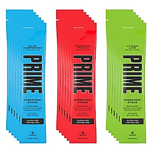 Prime Hydration Drink Mix Variety pack - Blueberry, Lemon Lime, Tropical Punch - Packaging By Obanic (18 On The Go Sticks)
