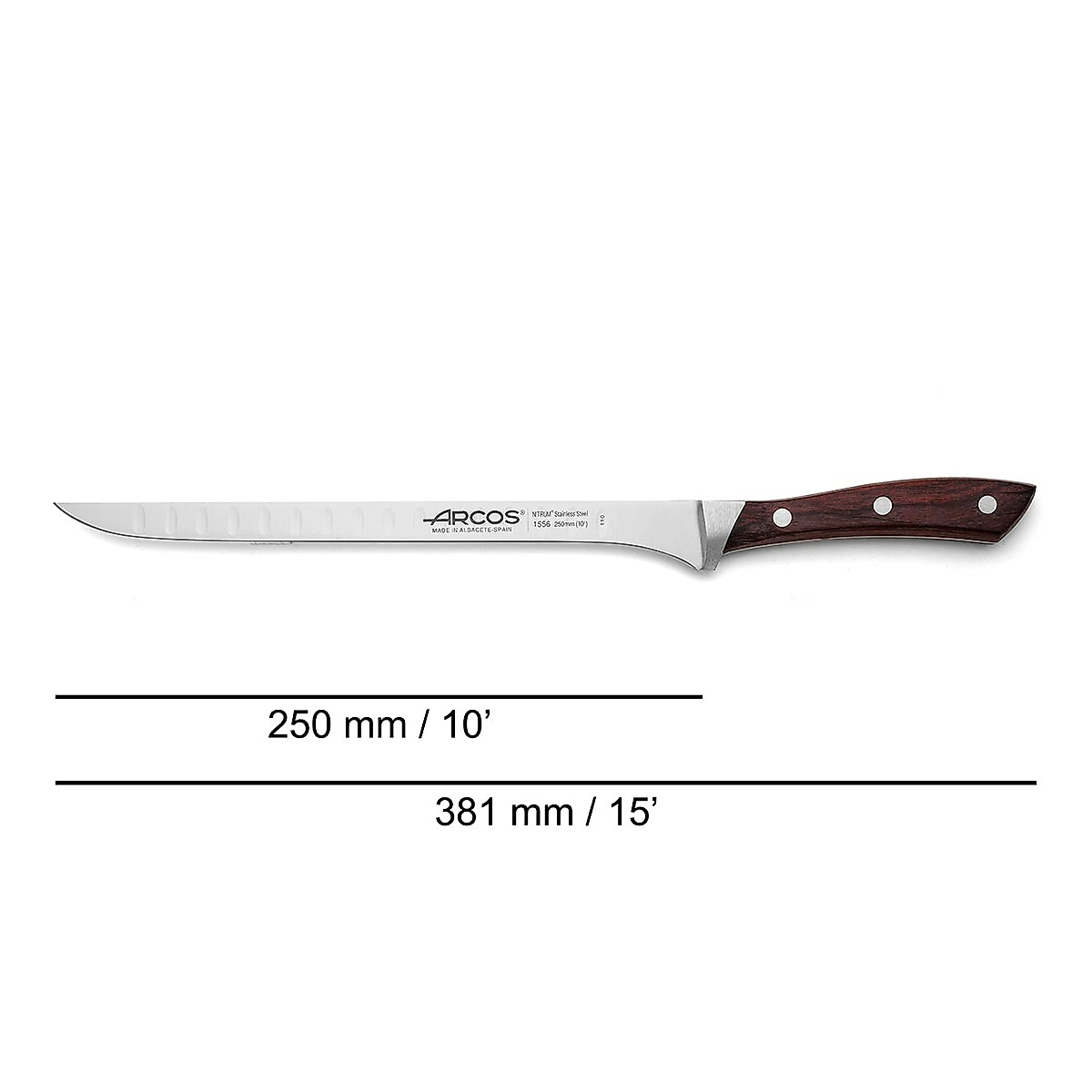 Arcos Forged Slicing Ham Knife 10 inch with 250mm blade. Nitrum Stainless Steel Blade. Professional Kitchen Knife. Rosewood Brown Handle. Rust & Corrosion Resistant. Smooth edge. Natura Series.