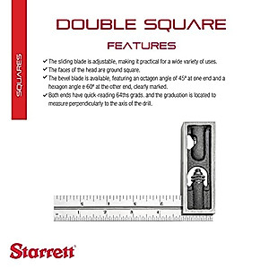 Starrett Steel Inch Reading Double Square with Hardened Graduated Blade - Ideal for Machinists, Toolmakers, Patternmakers - 6" Blade Length, 4R Graduation - 13C