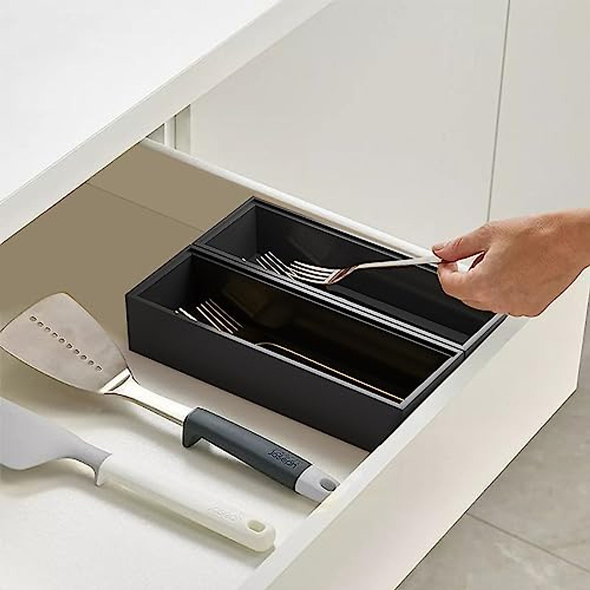 VeyFey Bamboo Drawer Organizer Kitchen Organization Set of 2 Silverware Storage Utensil Stackable Wooden Tray Small Wood Box 9" x 3" x 2"(Black)