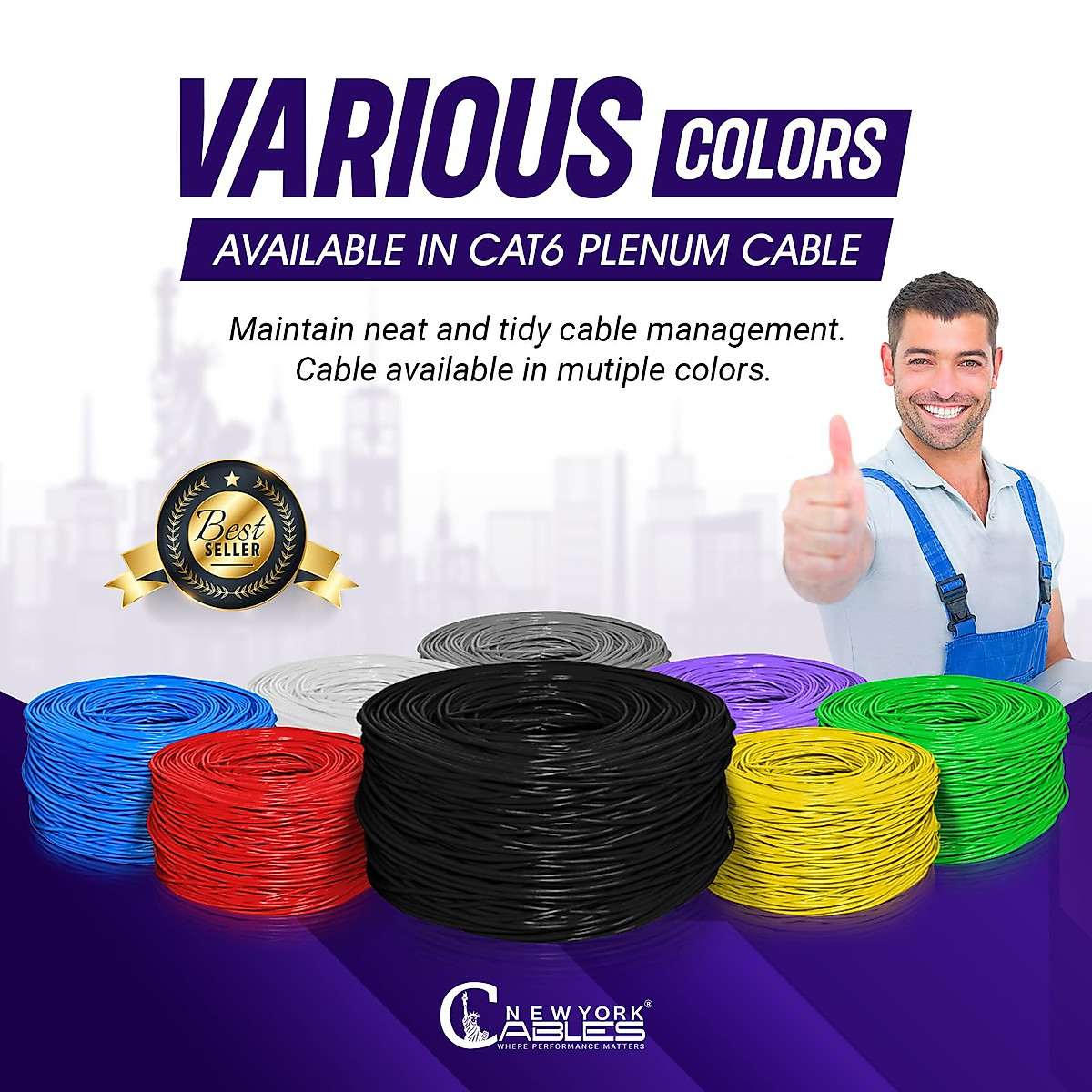 NewYork Cables | CAT6 Plenum Cable 1000ft (CMP) | UTP, 550MHz, 23AWG, 4Pair UTP 10GB Internet Cable | Quality Tested Bulk Ethernet Cable for Networking & Gaming (Black)