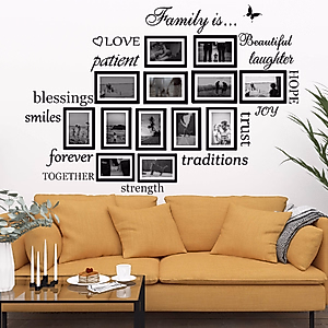 World of Wall Decal Family Wall Decals Set of 14 Family Words Quotes Vinyl Stickers Picture Frame Wall Decoration DIY Family Room Art Decoration Matte Black (The Photo Frames are not Included)