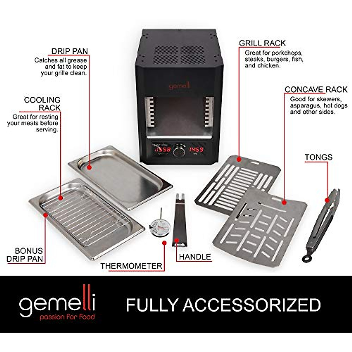 Gemelli Home™ Gourmet Steak Grille (1600 Watt), Steakhouse Quality, Infrared Ceramic Superheating Up to 1560 Degrees, Indoor Electric Infrared Grill and Sear Station, Stainless Steel Accessories