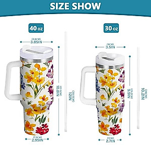 Vacuum Coldee Tumbler 40 oz with Lid and Straw Spring Cute Colorful Florals White Metal Water Bottle Wide Mouth To Go Coffee Mug for Women Men Him Her