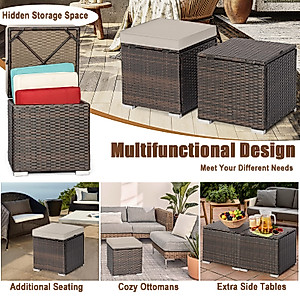 MEDIMALL Patio Wicker Ottoman Set of 2, Multipurpose Outdoor Footstool w/Removable Cushions, Rattan Side Table w/Storage, Footstool Ottoman Seat for Garden, Backyard, Poolside (Beige)
