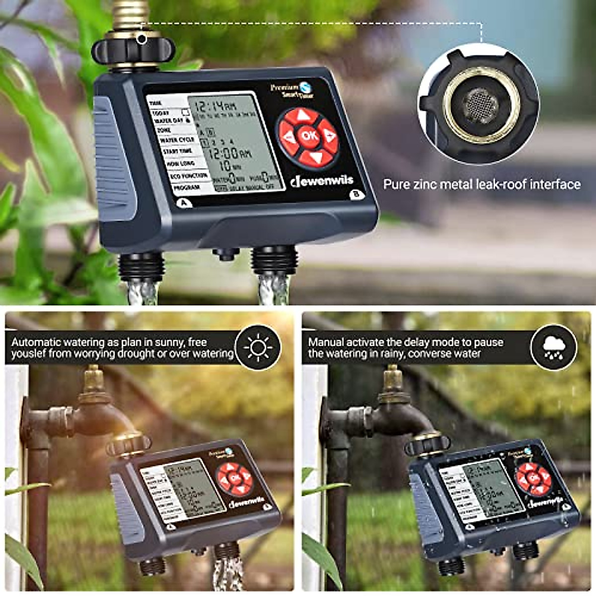 DEWENWILS Sprinkler Timer 2 Zone, Water Hose Garden Irrigation Timer with 4 Programmable Procedure and Low Battery Warning, Repeat Watering over Period, Faucet Controller with Rain Delay Mode for Lawn