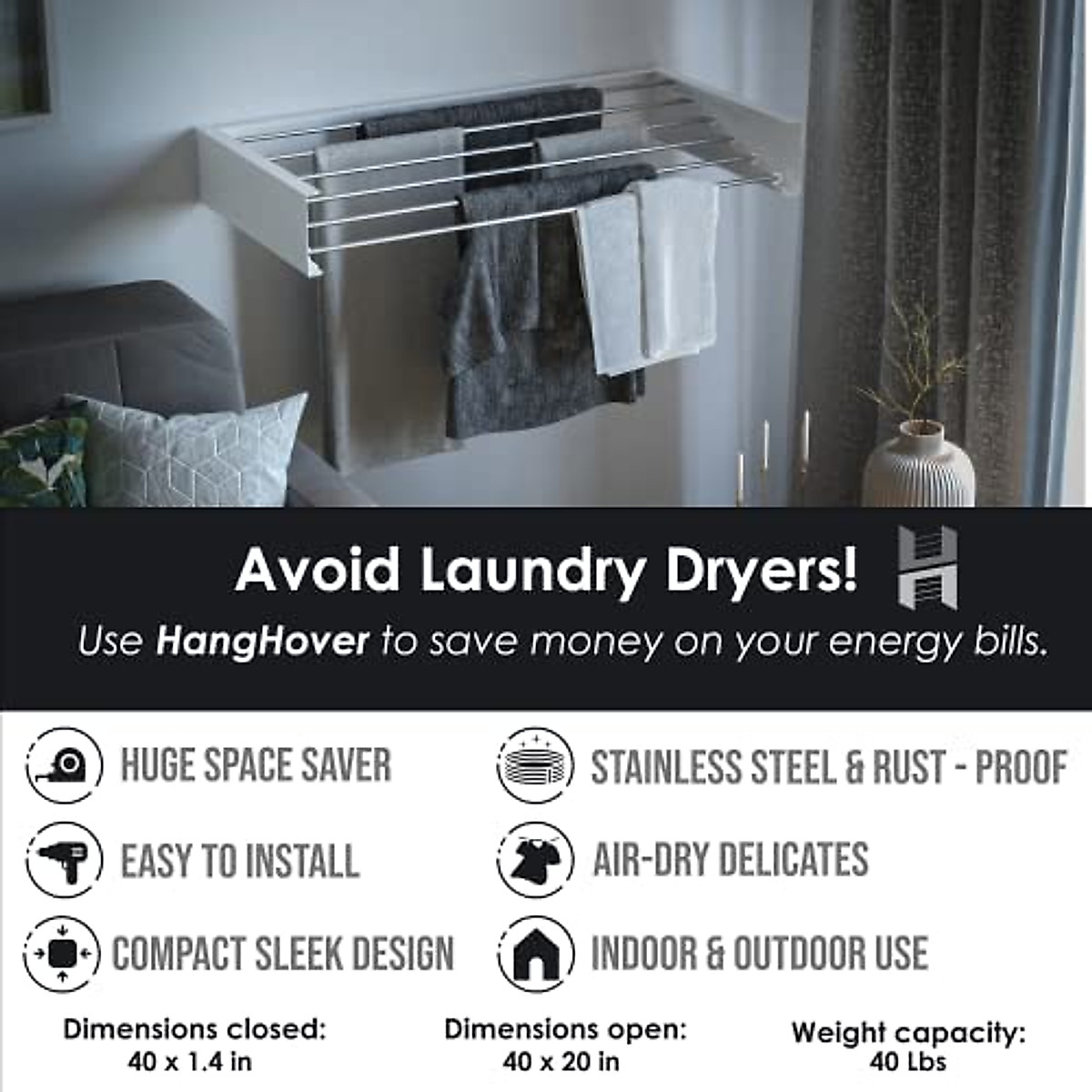 TCO ADVENTURES Invisible Wall Mounted Drying Rack | an Elegant Wall-Mounted Hanger | Folding Stainless Steel Collapsible Space Saver with 236.22 inches Drying Capacity (Signal White)