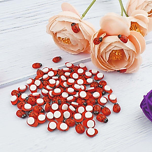100 Pieces Wooden Ladybugs for Crafts DIY Self-Adhesive Mini Ladybugs Tiny Ladybug Decoration for Craft Scrapbooking Micro Landscape Party Home Garden Decor Flatback Wood Ladybugs Embellishments (Red)