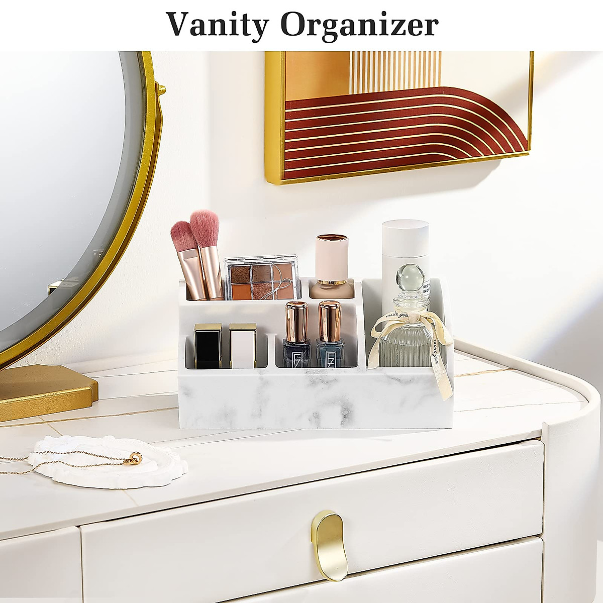 Luxspire Bathroom Counter Organizer, 5 Slot Toothbrush Holder, Marble Bathroom Accessories, Gravel White