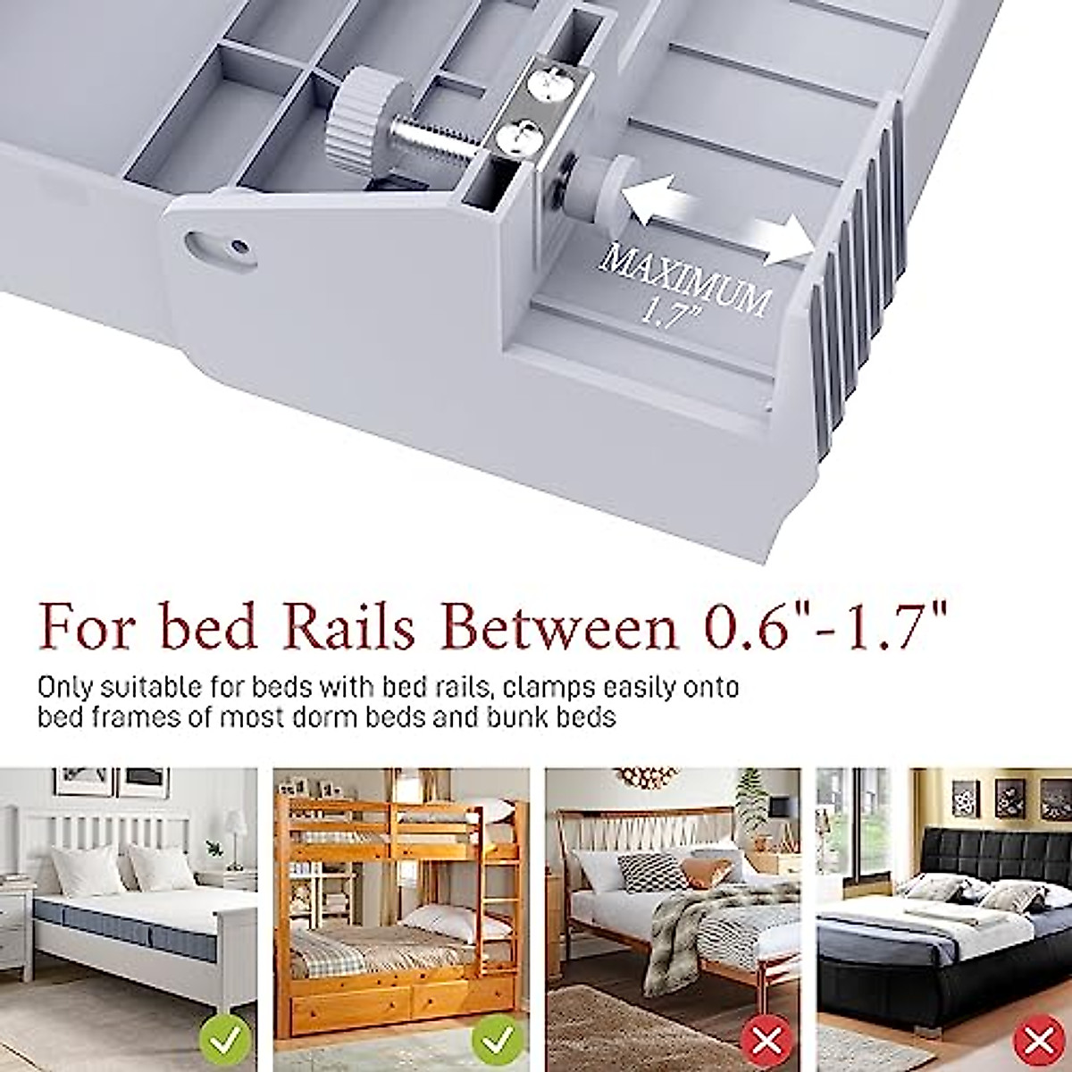 SOLEJAZZ Bedside Shelf for Bed, Folding Bunk Bed Shelf for Top Bunk Clip On Nightstand College Dorm Room Essential Table Caddy Bedside Night Stand Shelf with Hooks, Cup & Cord Holder, Plus Size, Grey