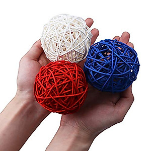 STMK 9 Pcs 3 Inch Wicker Balls Decorations, 4th of July Rattan Balls Decorative for Home Decor DIY Vase Bowl Filler Ornament Baby Room Nursery Décor Wedding Table Decoration (Red, White, Blue)