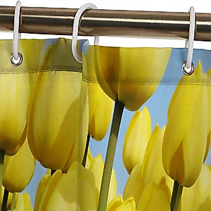 Tulip Shower Curtain Sets, Many Yellow Flowers Bath Curtains Polyester Fabric with Non-Slip Rugs, Toilet Lid Cover and U-Shape Mat for Bathroom Set 4 Pcs w/12 Hooks, 65"x72"