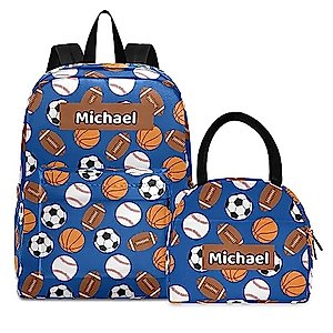 Vnurnrn Football Baseball Customized Kids Backpack Sets with Lunch Box Student School Bag Bookbag Set for Boys Girls Daypack for Traveling Laptop