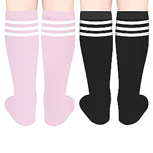 Gotneto Soccer Socks for Kids, Toddler, Cotton Knee High Three Stripes Tube Socks for Boys, Girls, Sports, Pink White & Black White One Size