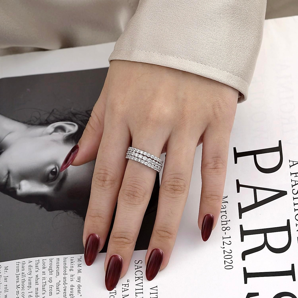 DIAMONBLISS Cubic Zirconia Clear 4.24 Carats 3 Band Ring Set, Rhodium Plated Sterling Silver (9)