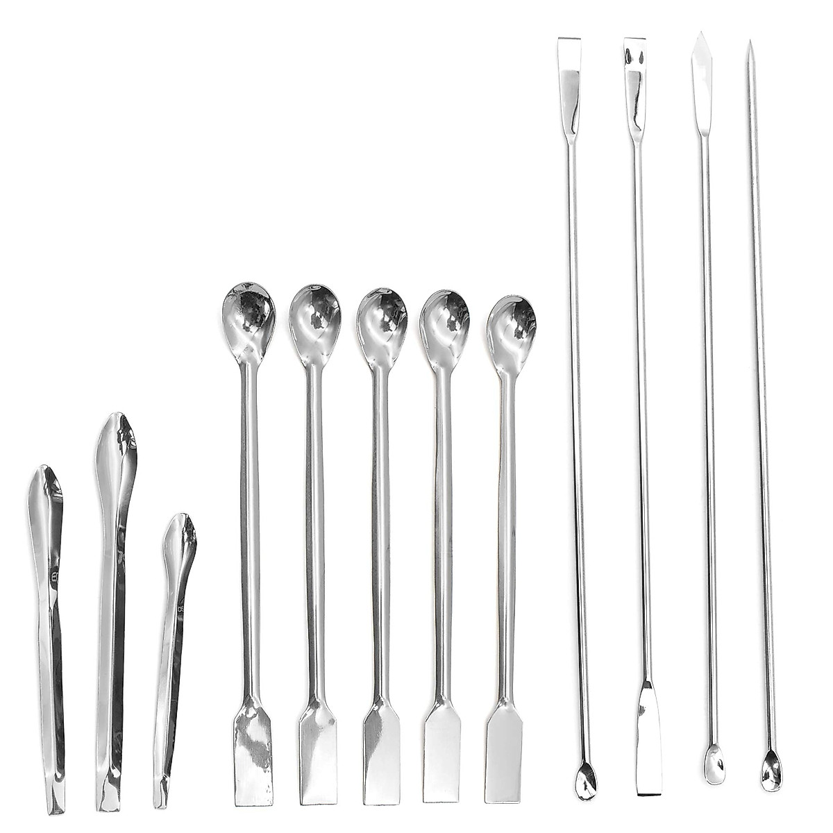 Scientific Labwares Laboratory Spoon Spatula Set - Long Handled Mixing & Measuring Equipment - Supplies for Labs, Sampling, Sculpting, Stirring, Making Makeup - Durable Stainless Steel - Set of 12