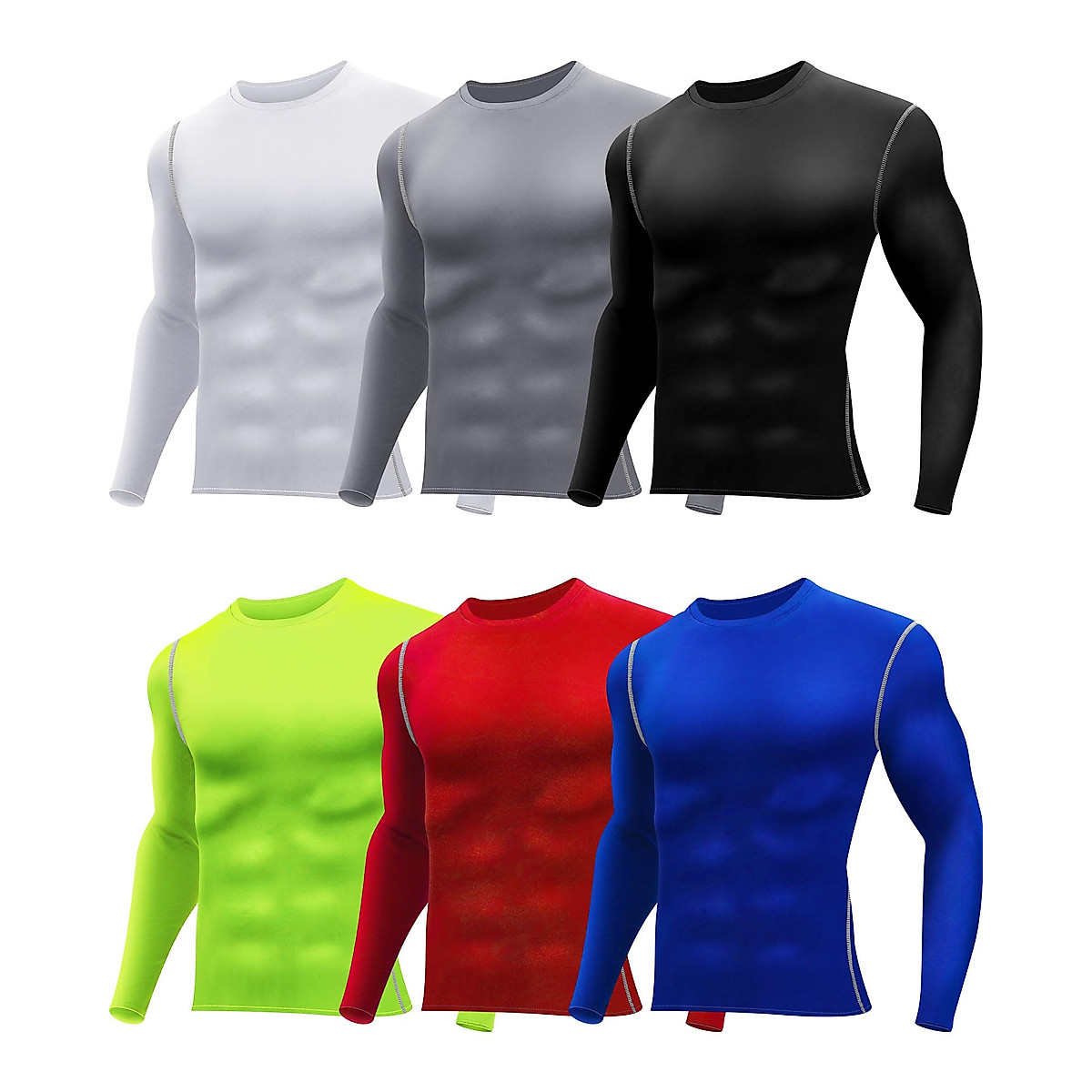 Hicarer 6 Pack Men's Athletic Compression Shirts Long Sleeve Workout Running Undershirt Thermal Sport Base Layer Top(Medium,Multicolor)